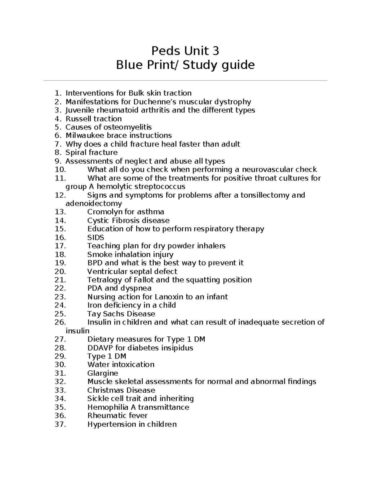 Peds Unit 3 - blueprint - Peds Unit 3 Blue Print/ Study guide 1 ...