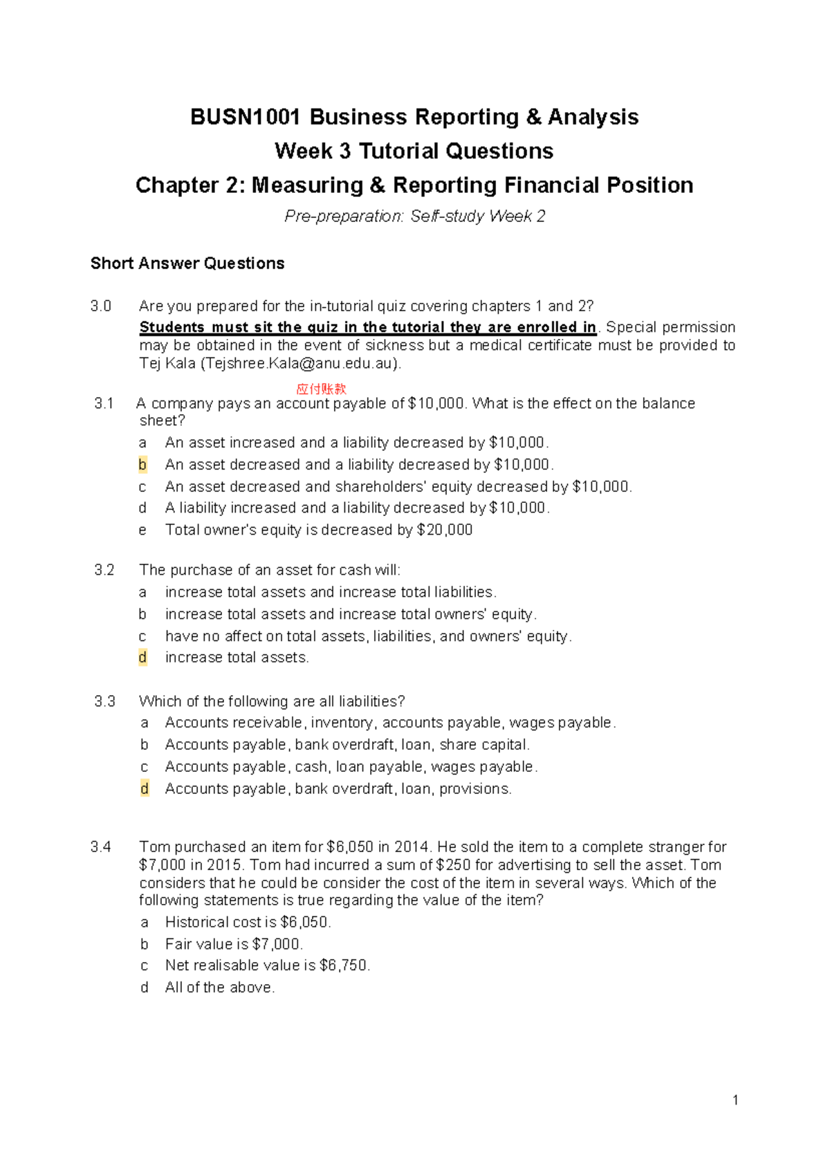 Week 3 Tutorial Questions - Business Reporting and Analysis - 1 BUSN1001 Business Reporting ...