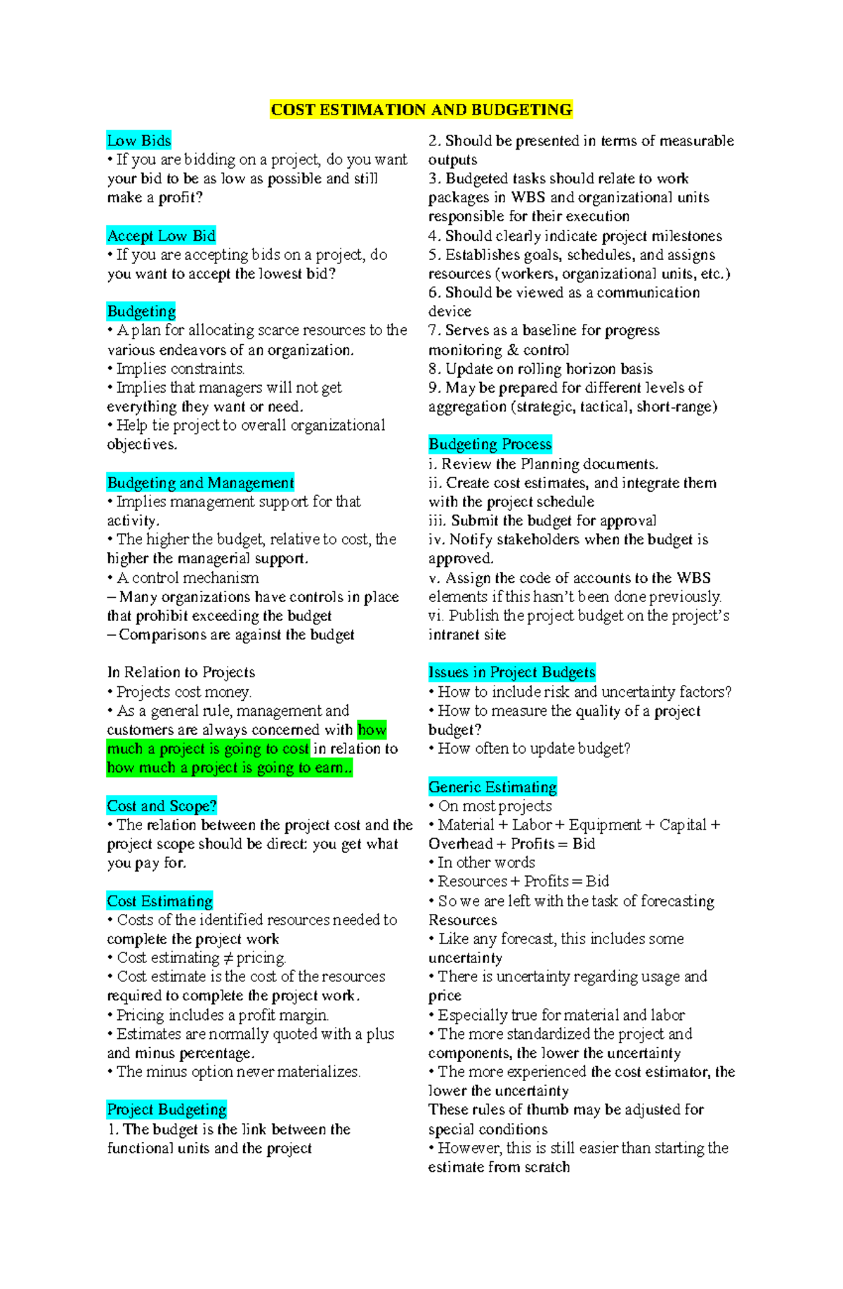 Lesson 6 - Transes on Cost Estimation and Budgeting - COST ESTIMATION AND BUDGETING Low Bids If ...