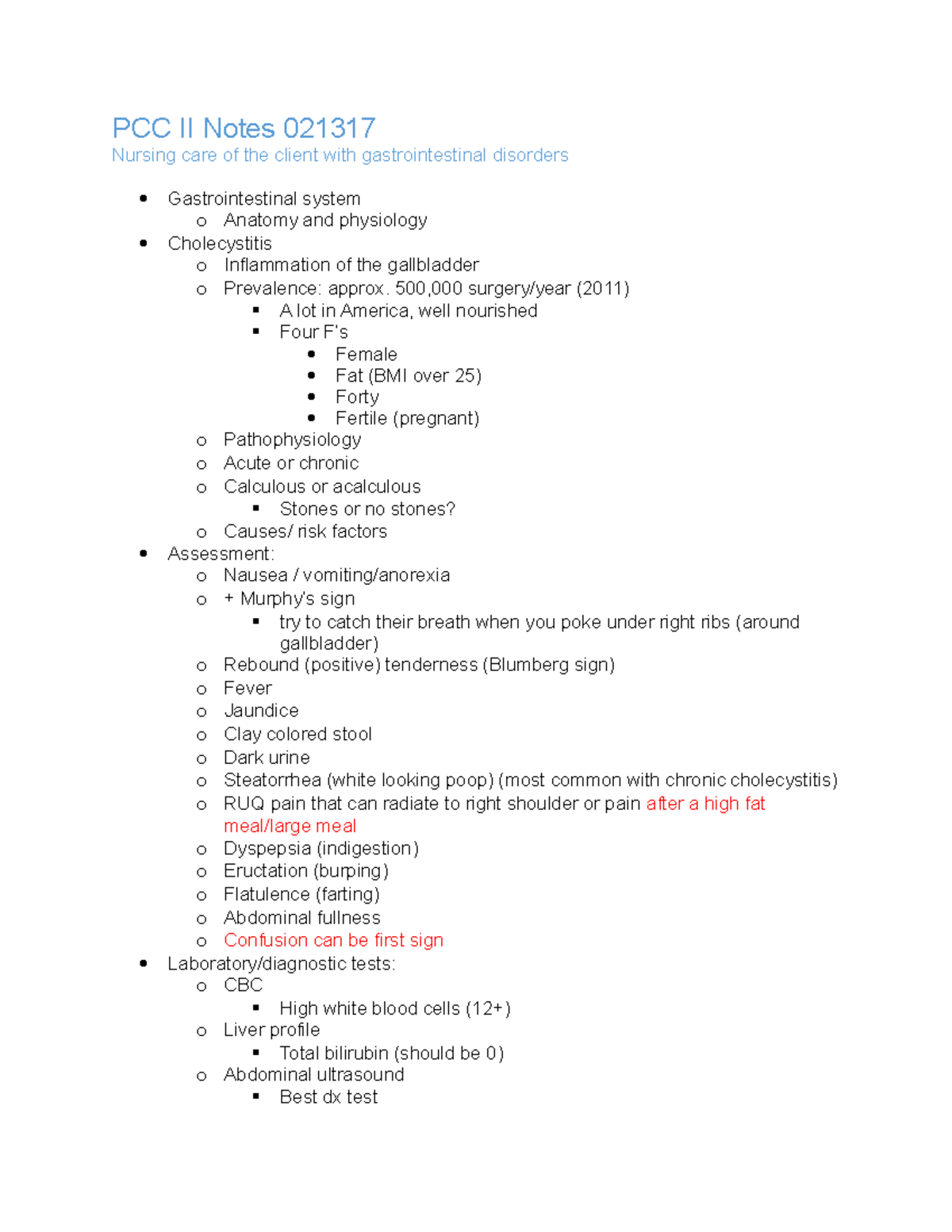 PCC II Notes 021317 - PCC II Notes 021317 Nursing care of the client ...