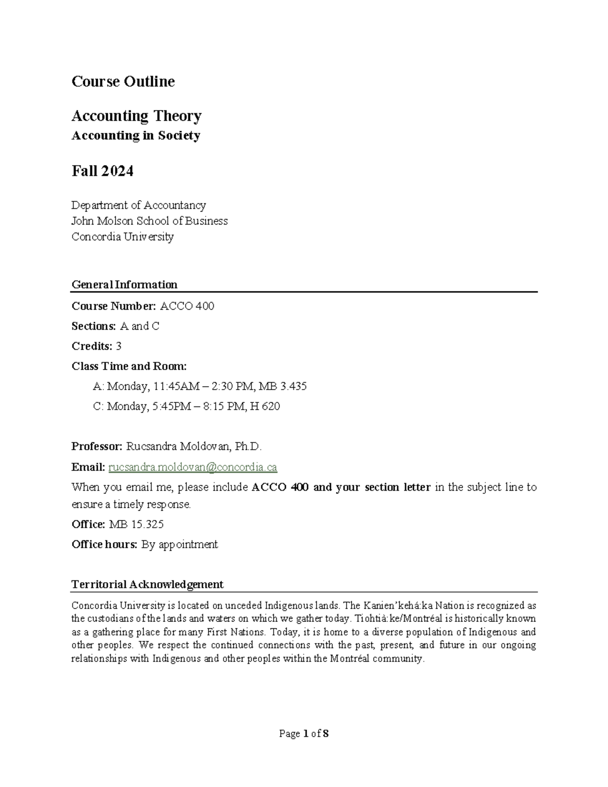 Course Outline ACCO 400 Fall 2024 - Course Outline Accounting Theory ...