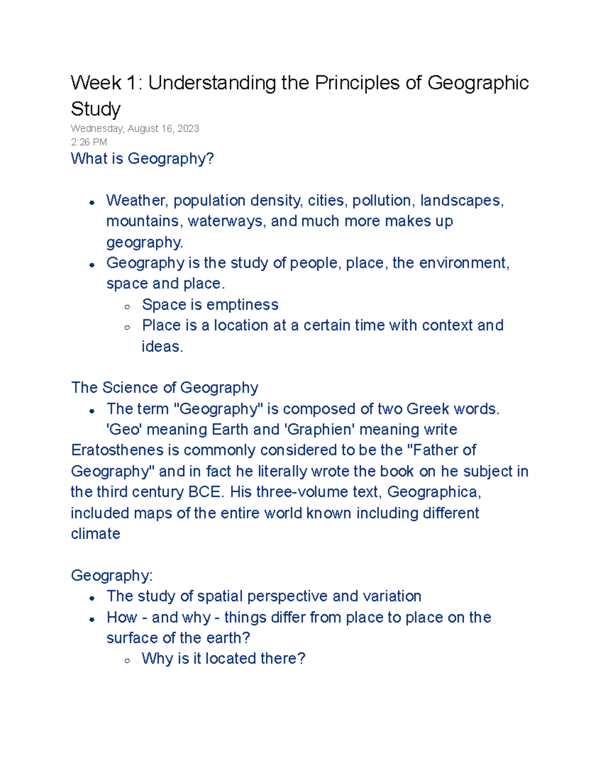 Week 1 WRG notes - Gives the basics to Geography and explains what it ...