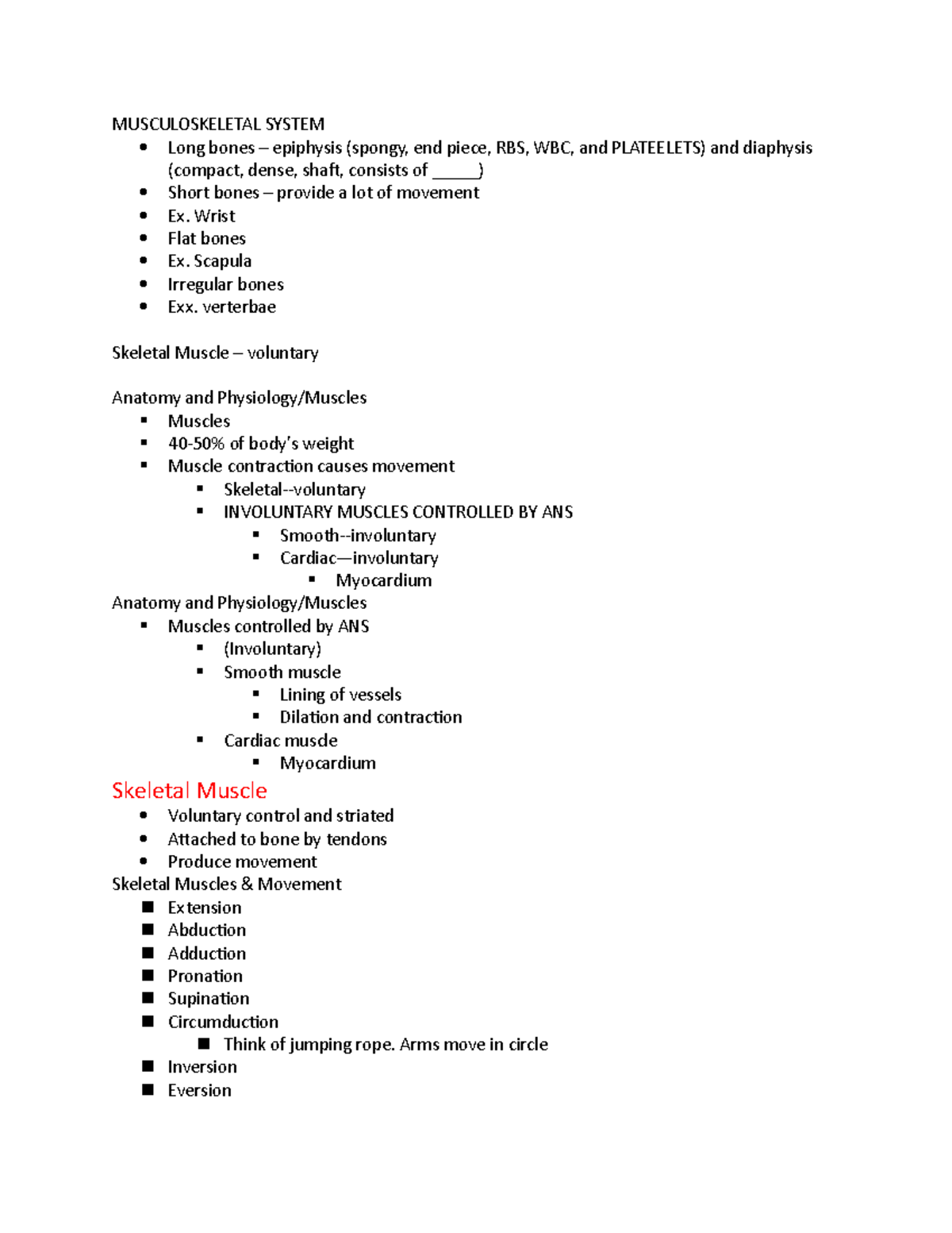Student Notes Musculoskeletal System -1 - MUSCULOSKELETAL SYSTEM Long ...