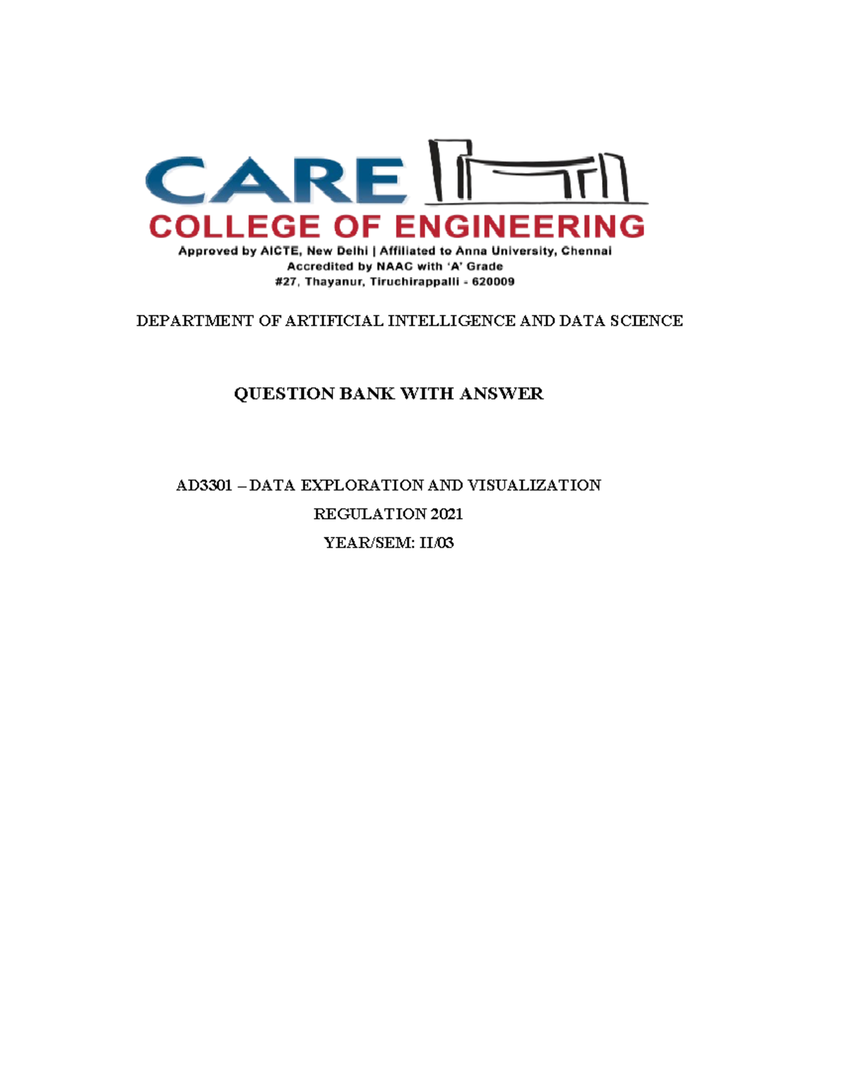 AD 3301 Question BANK WITH Answer Print - DEPARTMENT OF ARTIFICIAL INTELLIGENCE AND DATA SCIENCE ...
