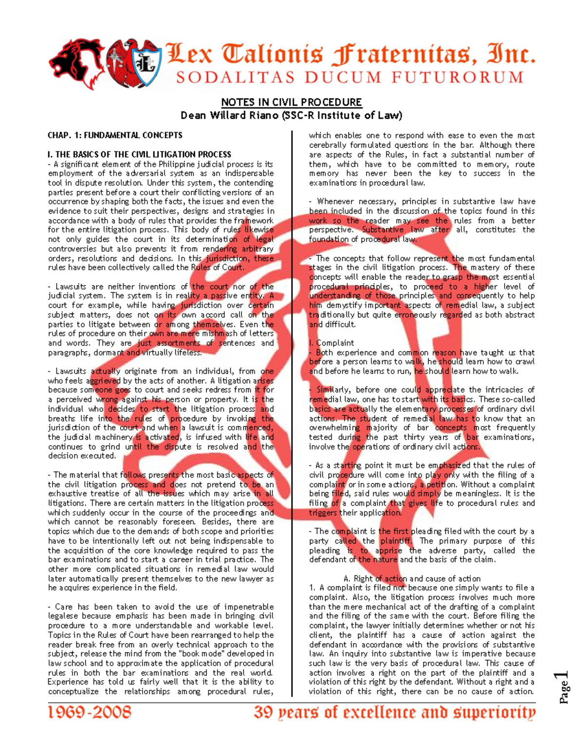 Civ pro reviewer - 1 NOTES IN CIVIL PROCEDURE Dean Willard Riano (SSC-R ...