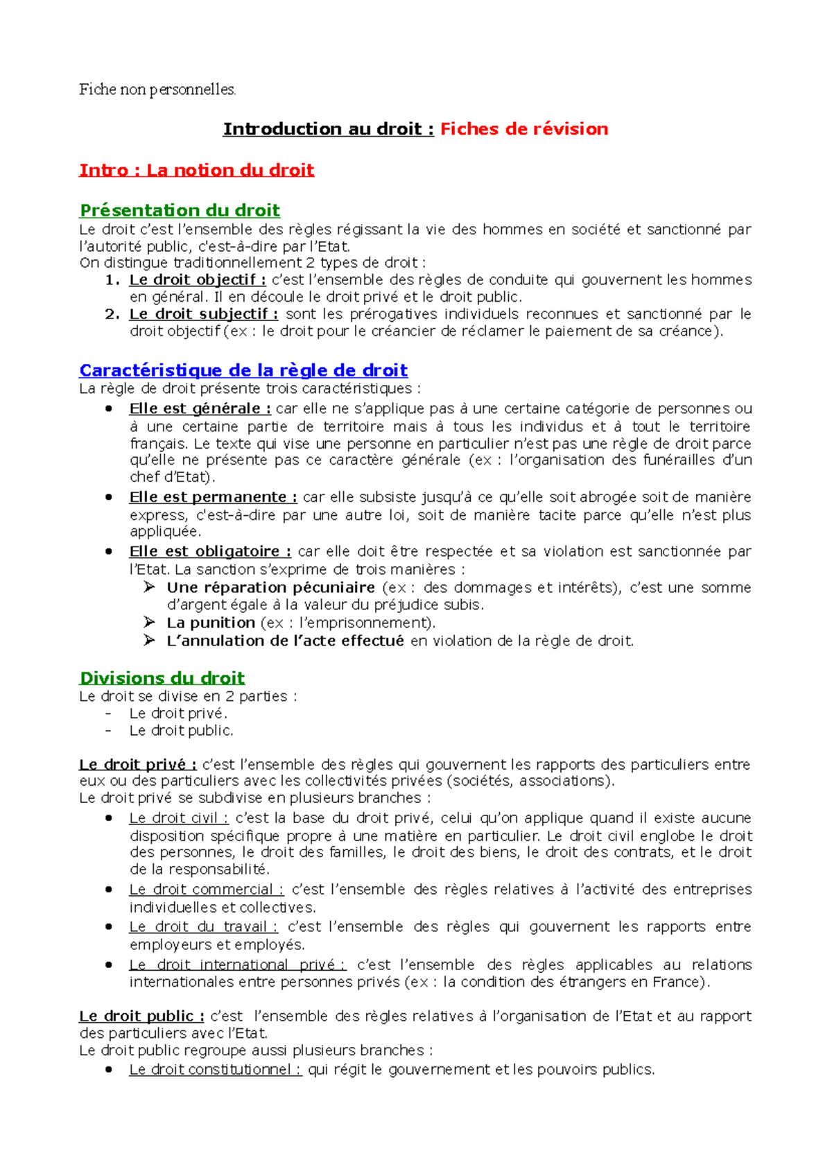 Copie de introduction au droit fiches - Introduction au droit : Fiches de révision Intro : La ...