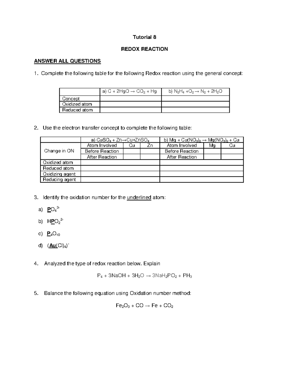 Tutorial 9 general chemistry - Tutorial 8 REDOX REACTION ANSWER ALL ...