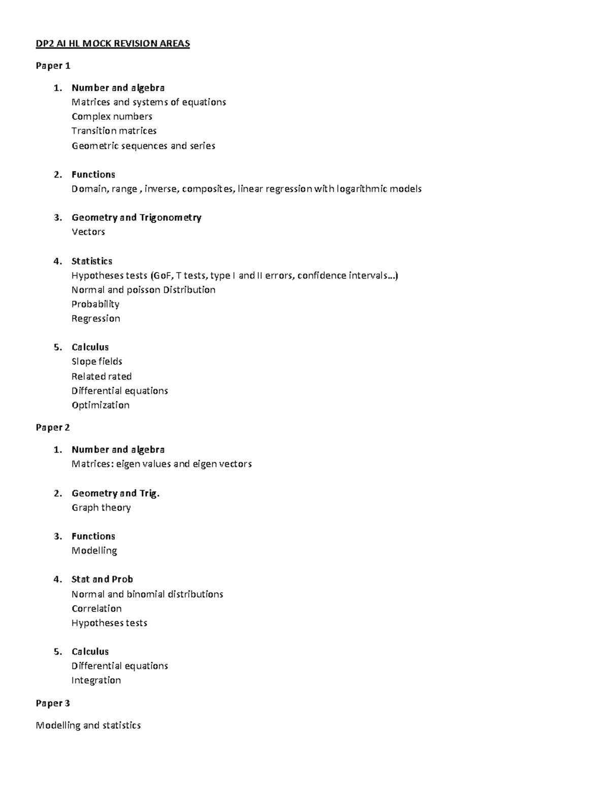 Mock Revision areas - MR MENZAH - DP2 AI HL MOCK REVISION AREAS Paper 1 ...