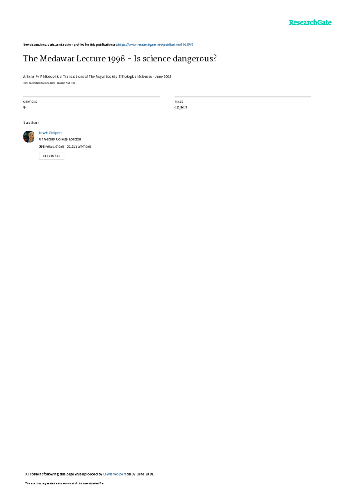 The Medawar Lecture 1998 - Is science dangerous - See discussions ...