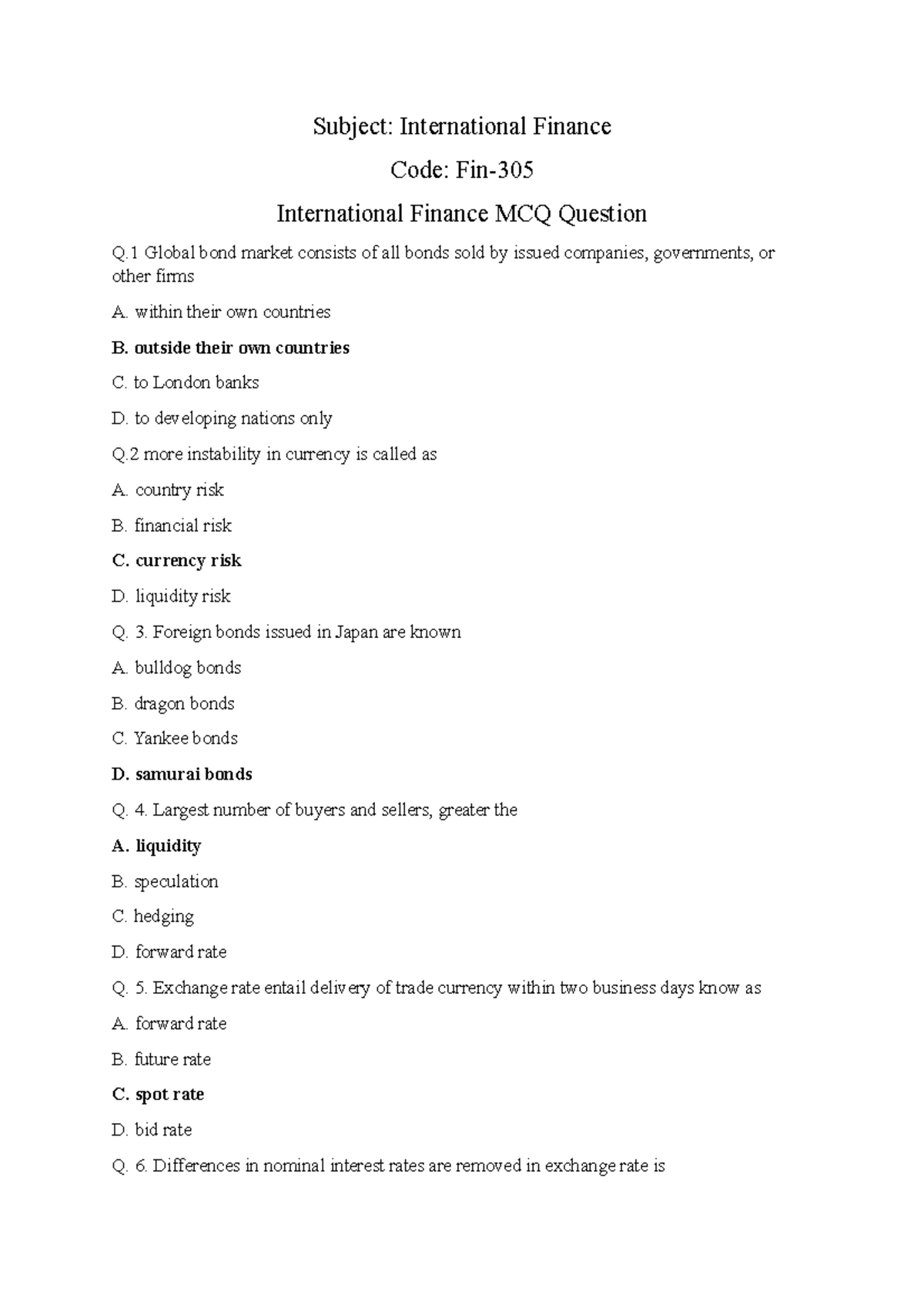 MCQ - IF - IF notes - Subject: International Finance Code: Fin ...