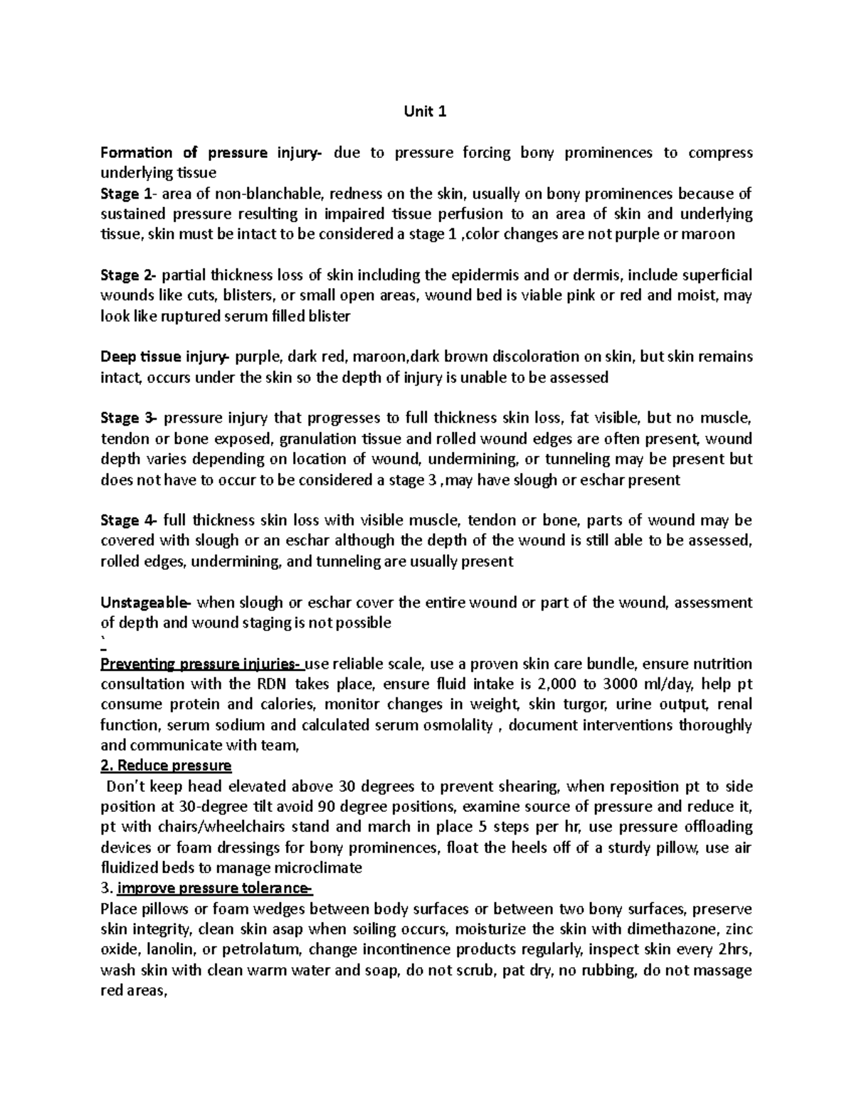 Unit 1 week 1 medsurg notes - Unit 1 Formation of pressure injury- due ...