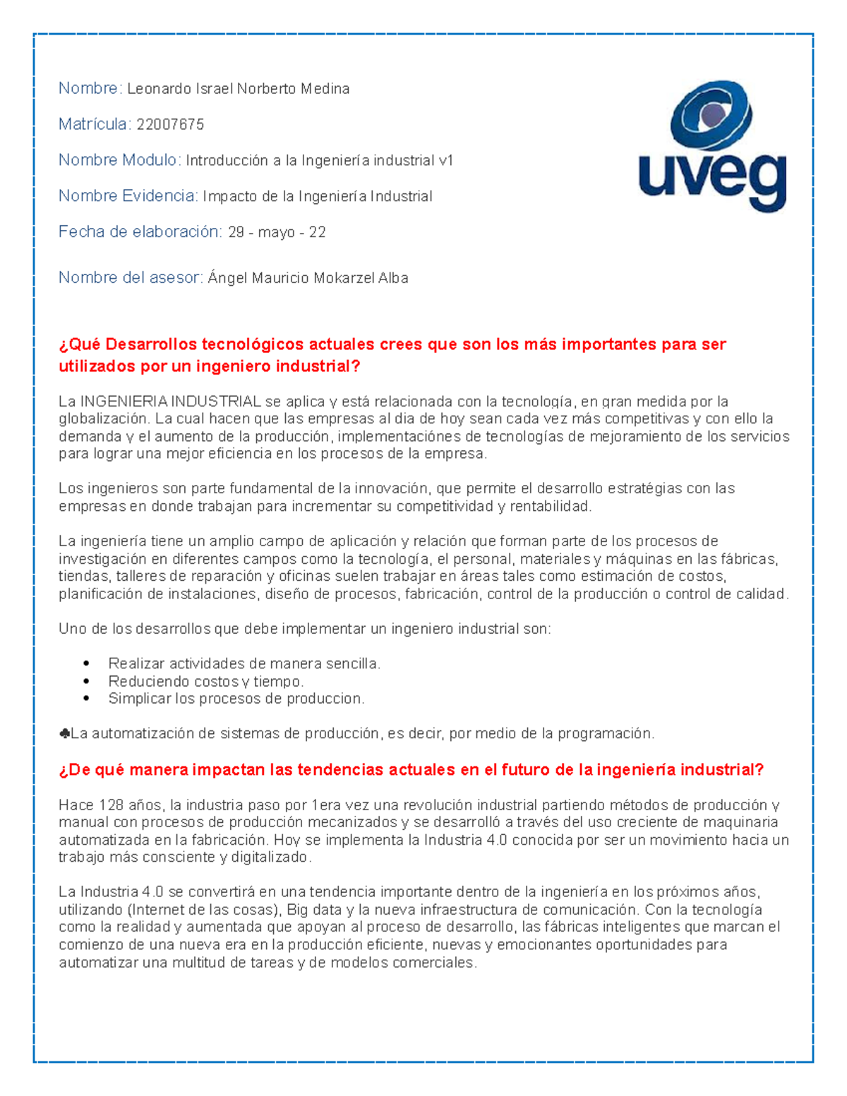 Norberto Medina Leonardo Impacto de la Ingeniería Industrial - Nombre ...