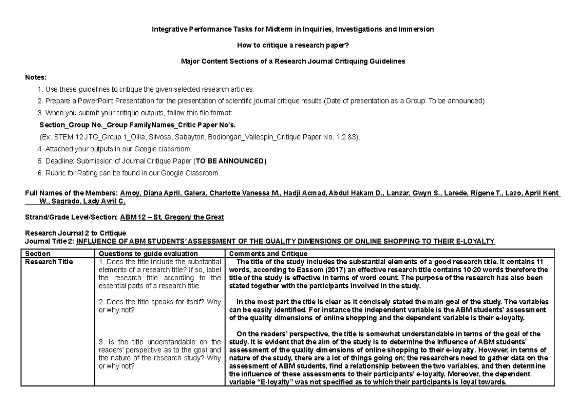 critique paper note - Integrative Performance Tasks for Midterm in ...