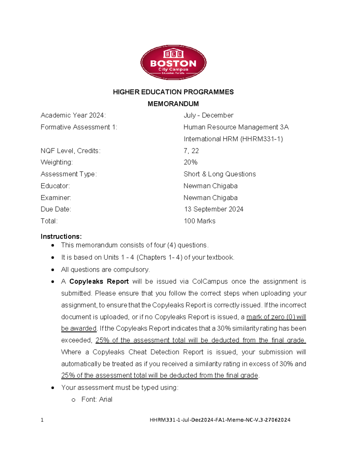 Human Resource management FA1 Memorandum - HIGHER EDUCATION PROGRAMMES MEMORANDUM Academic Year ...