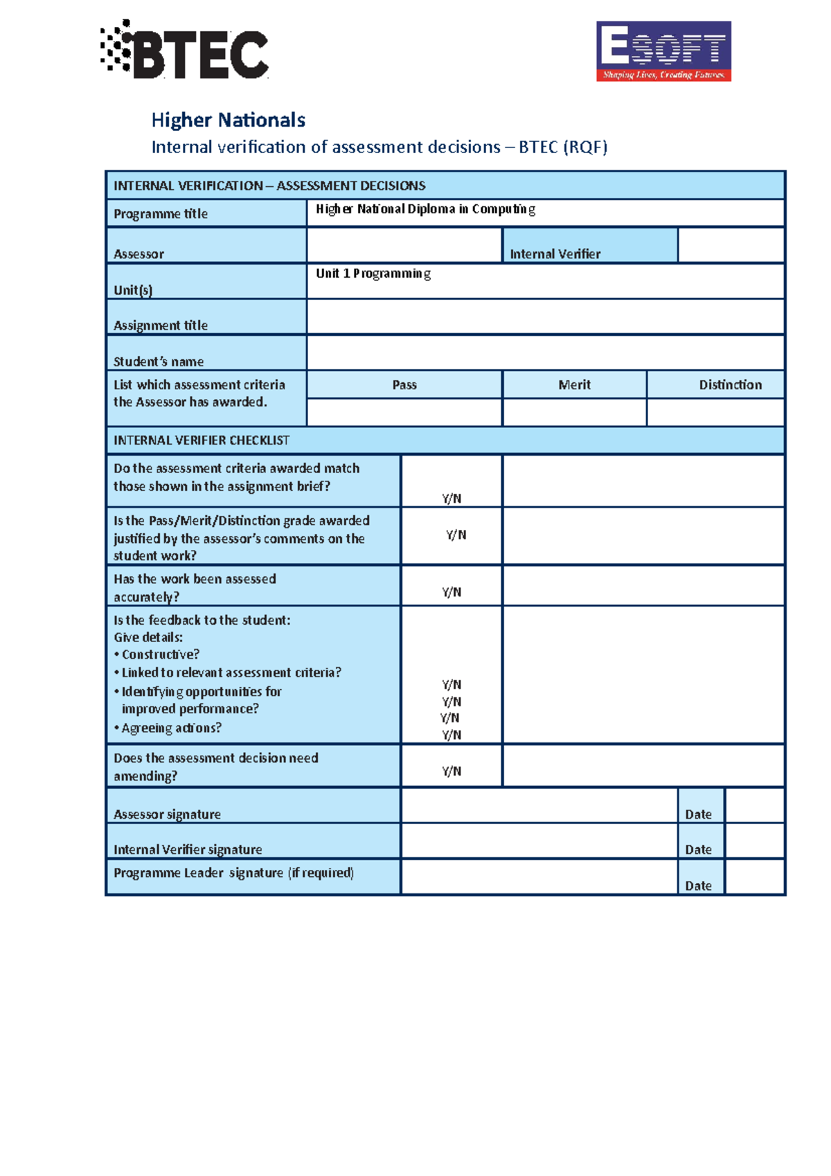 Unit-01 Programming - Higher Nationals Internal verification of assessment decisions – BTEC (RQF ...