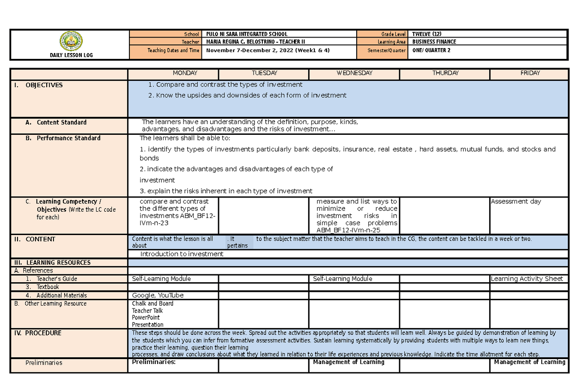 Business Finance Q2 W1-4 - DAILY LESSON LOG School PULO NI SARA ...