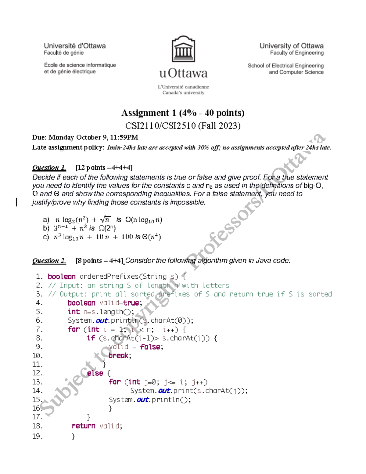 A1F2023csi2110 - Assignment 1 ( 4 % - 40 points) CSI21 10 /CSI2510 (Fall 202 3 ) Due: Monday ...