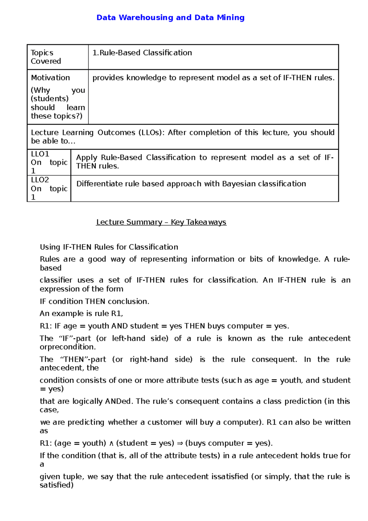 Rule-Based Classification - Topics Covered 1-Based Classification ...