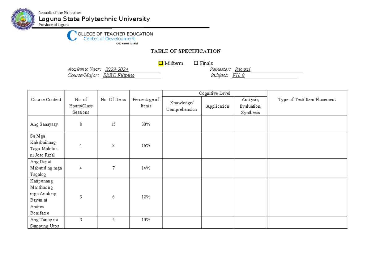 FIL9 TOS-2ND-SEM-2023-2024 - CHED Memo #17, s C Center of Development ...