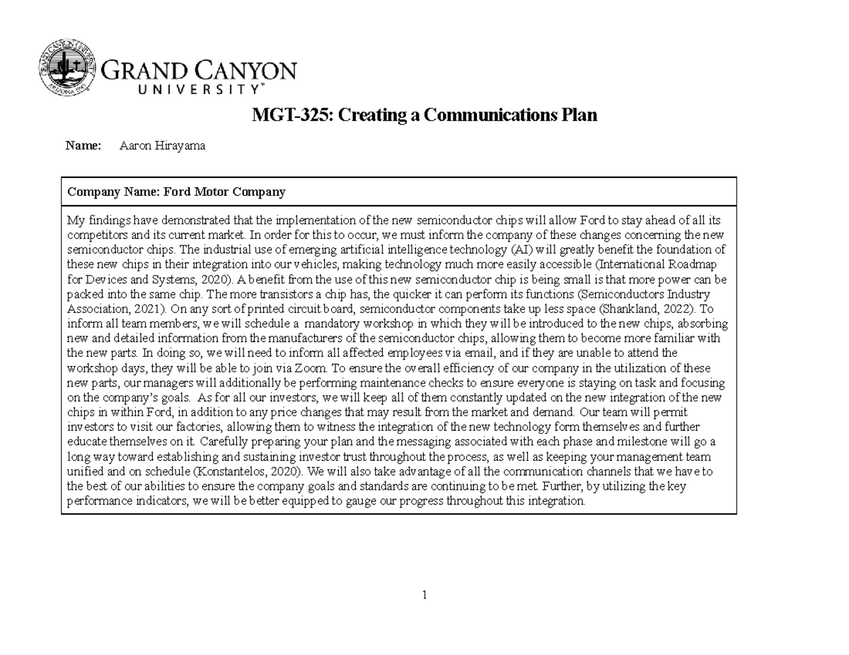 Creating a communications plan. Final - MGT-325: Creating a ...