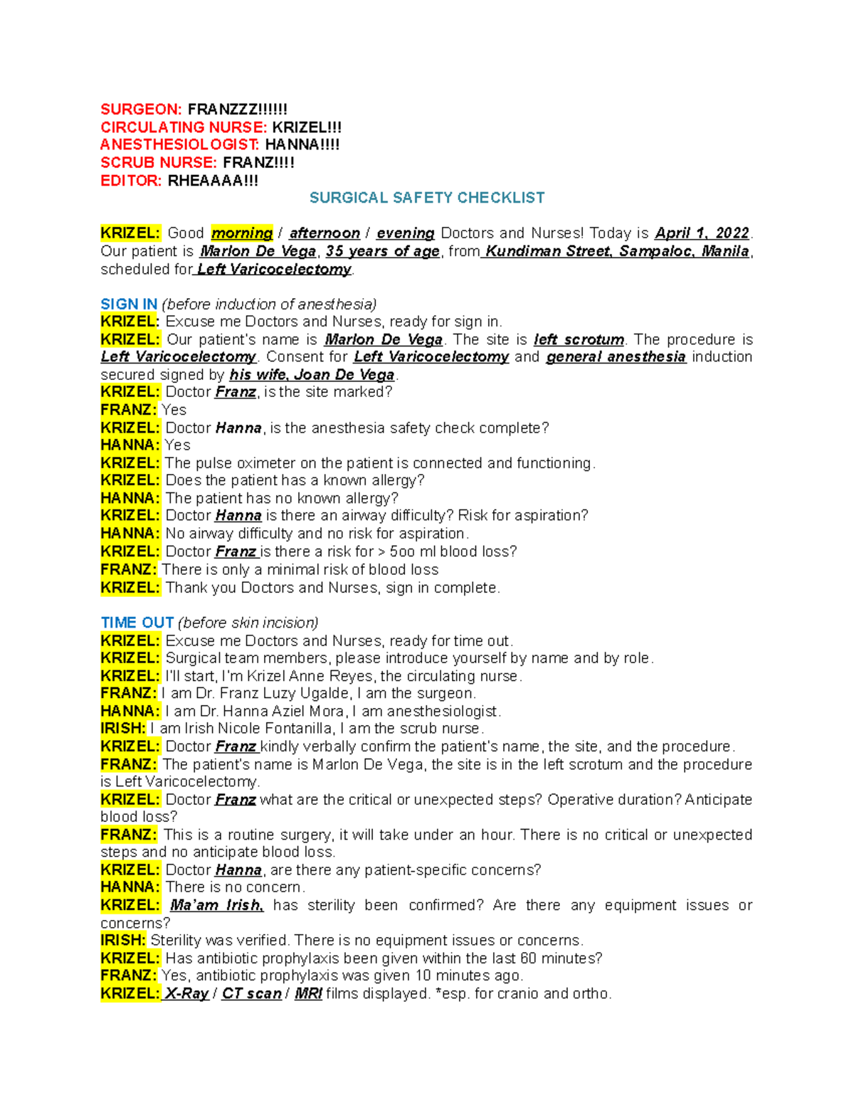 Surgical- Safety- Checklist - SURGEON: FRANZZZ!!!!!! CIRCULATING NURSE ...