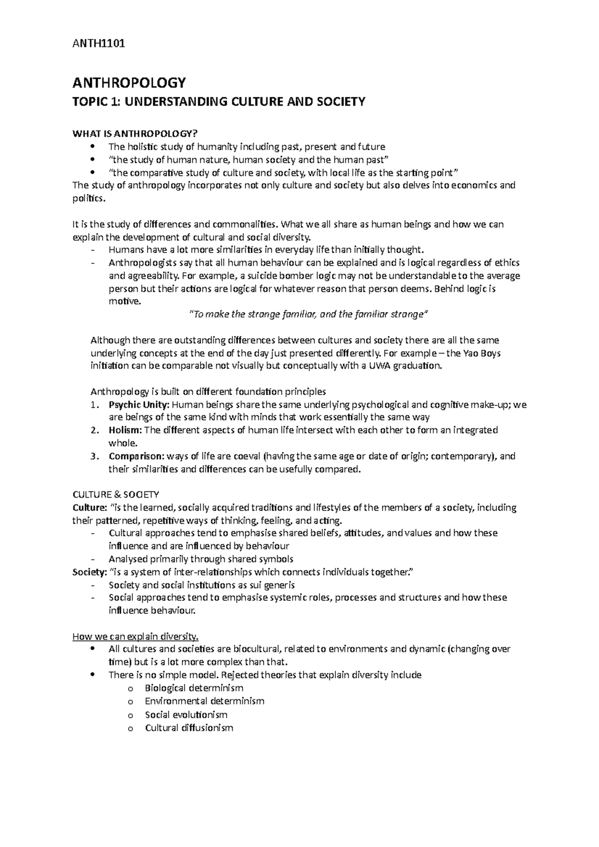 Anthropology - topic 1 - ANTH ANTHROPOLOGY TOPIC 1: UNDERSTANDING CULTURE AND SOCIETY WHAT IS ...