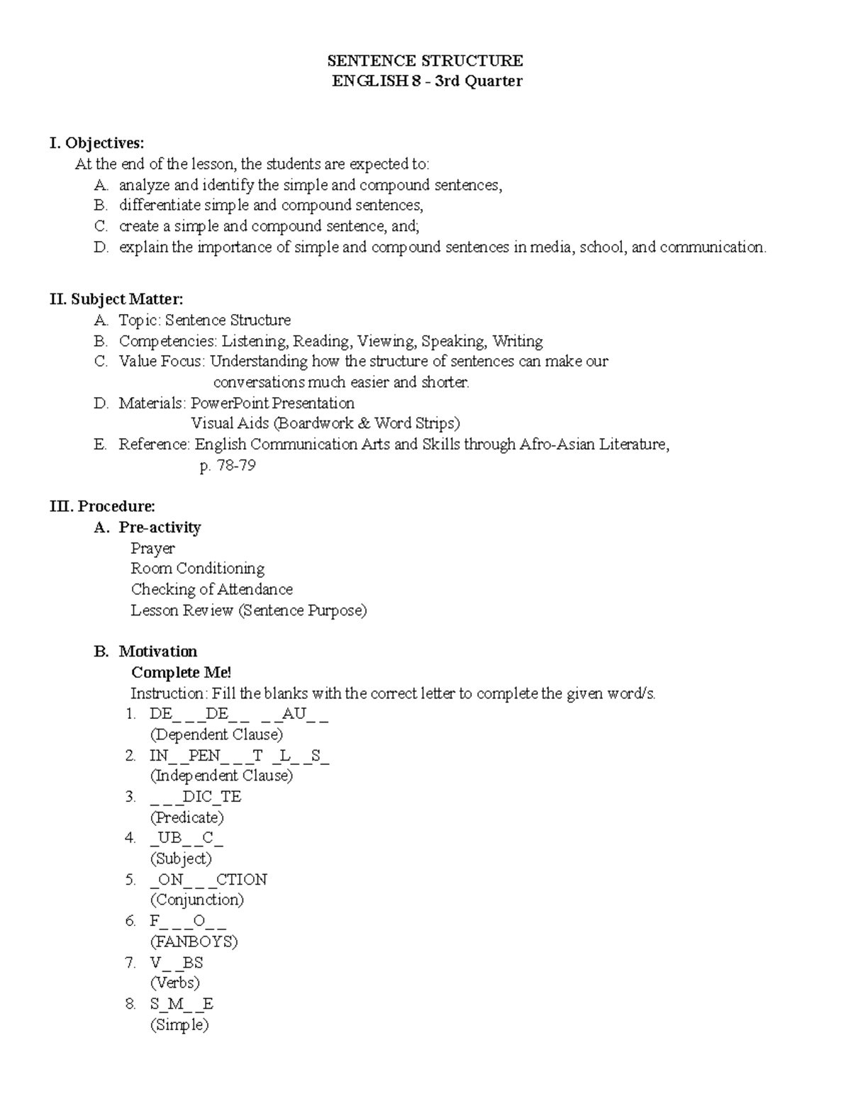 Lesson PLAN ON Sentence Structure ( Alcantara) - SENTENCE STRUCTURE ...