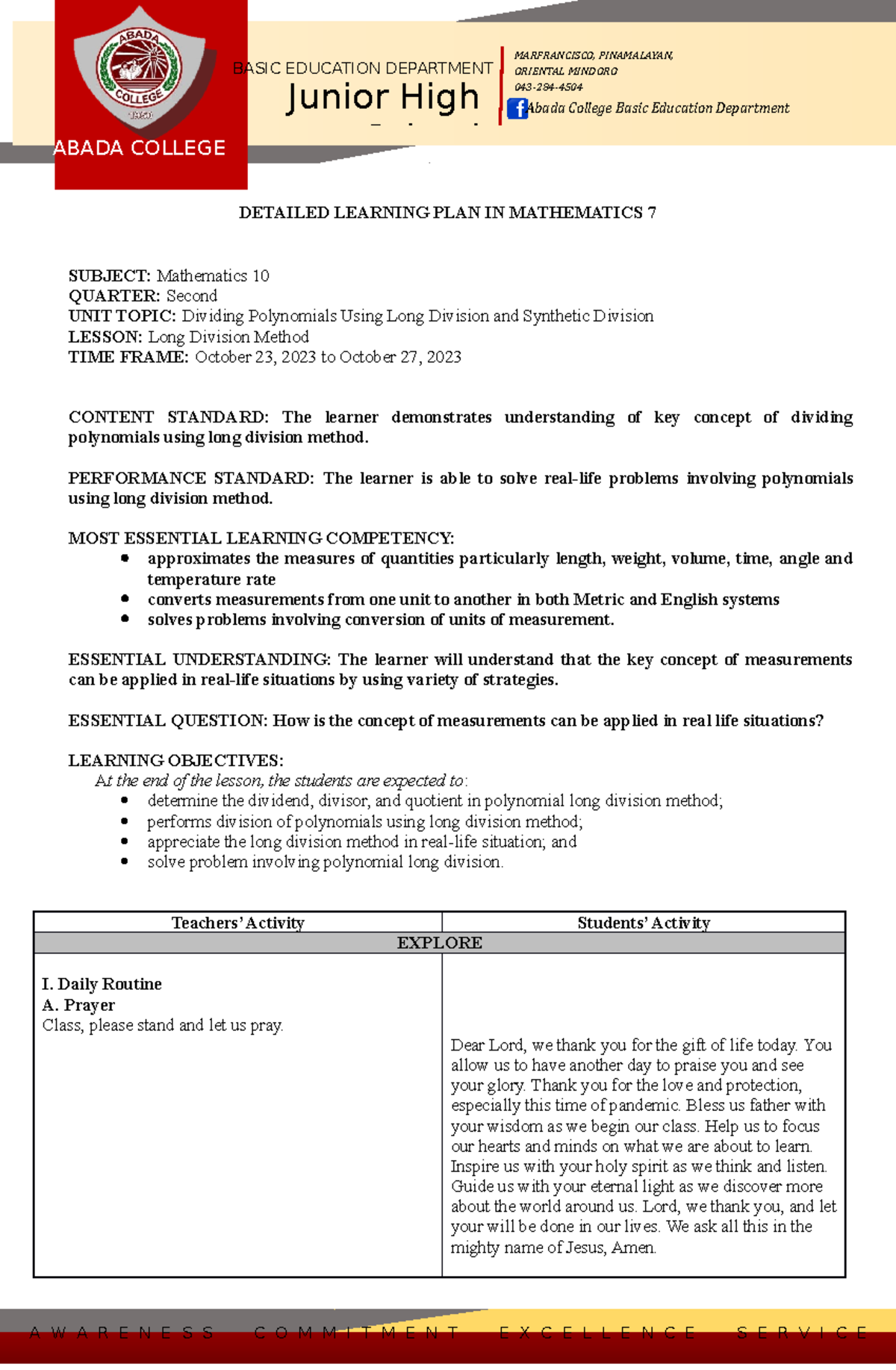 Math10 long division method - DETAILED LEARNING PLAN IN MATHEMATICS 7 ...