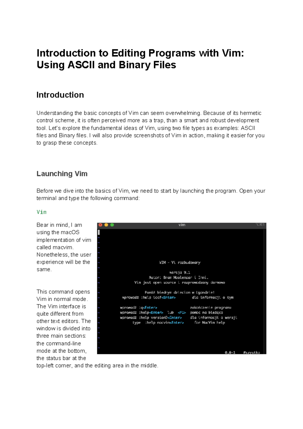 Written Assignment 4 - Introduction to Editing Programs with Vim: Using ASCII and Binary Files ...