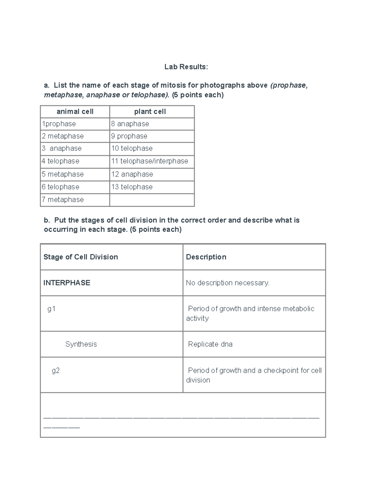 Lab 8 - Maria Judice Lab - Lab Results: a. List the name of each stage ...