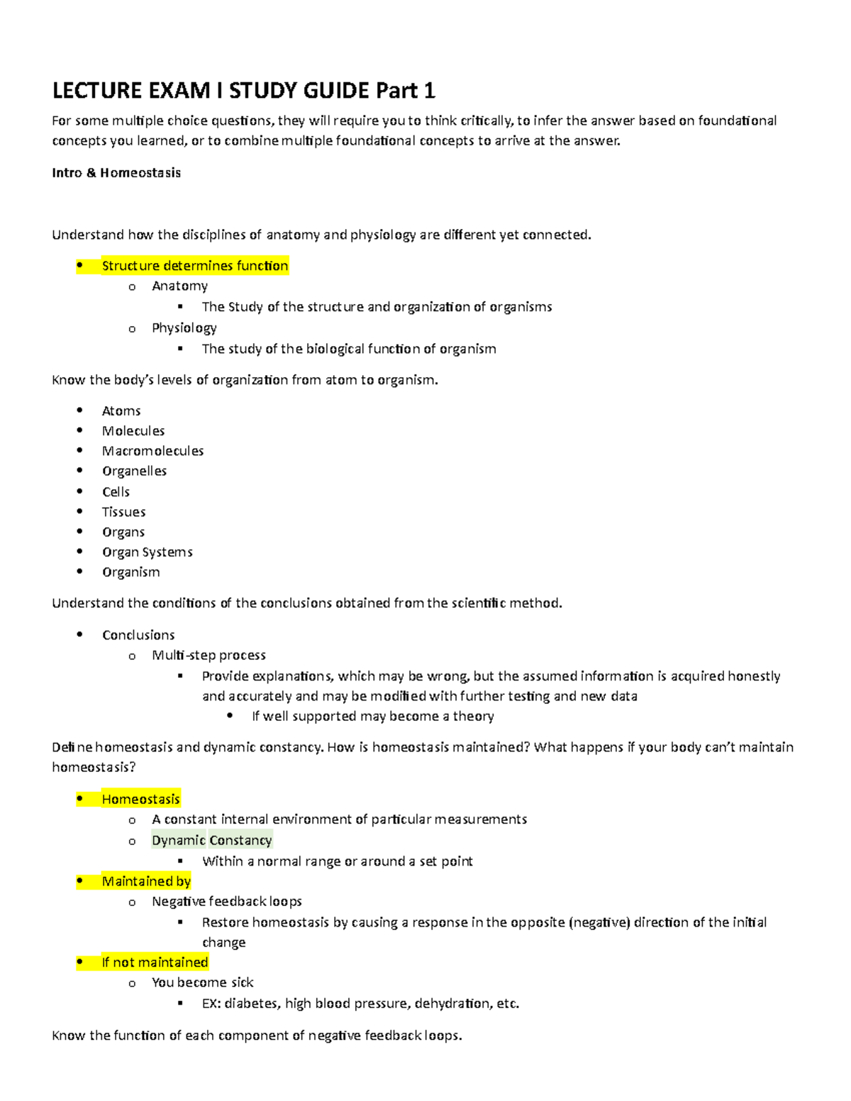 Lecture EXAM I Study Guide Part 1 - LECTURE EXAM I STUDY GUIDE Part 1 For some multiple choice ...