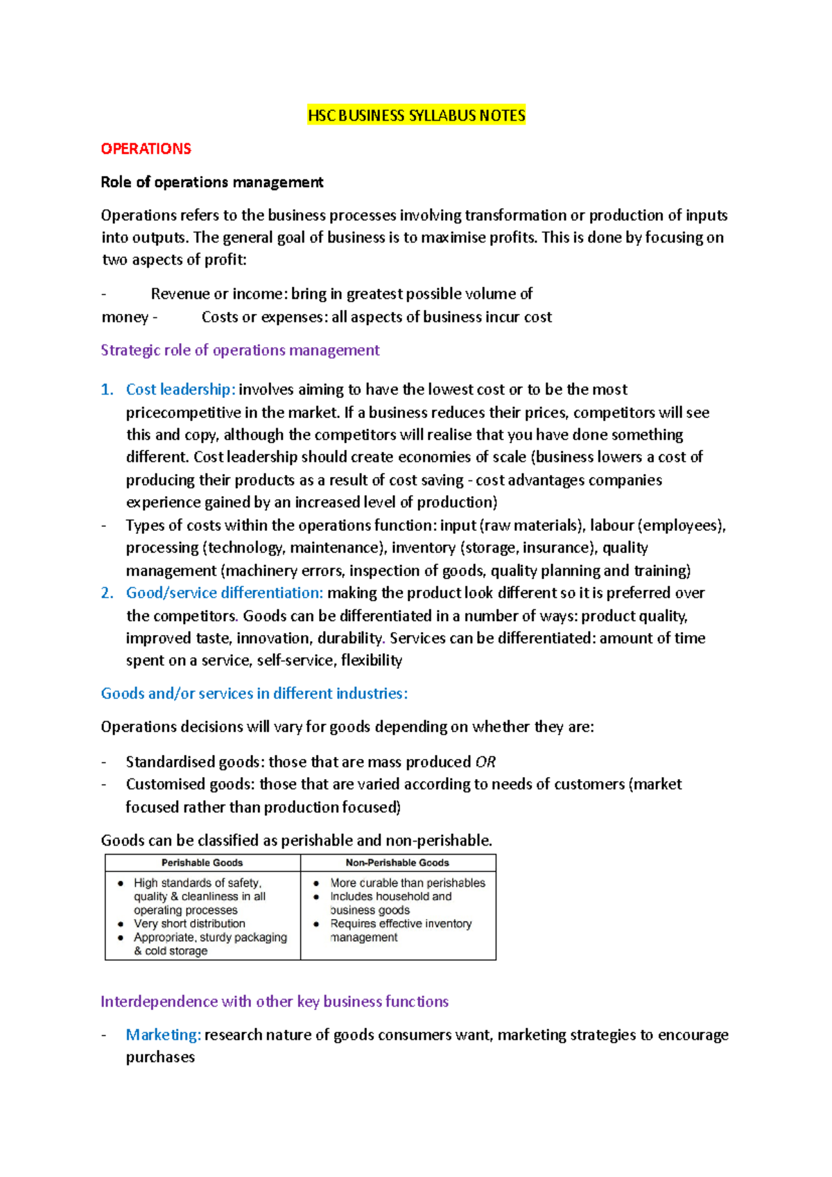 Full syllabus Notes - HSC BUSINESS SYLLABUS NOTES OPERATIONS Role of ...
