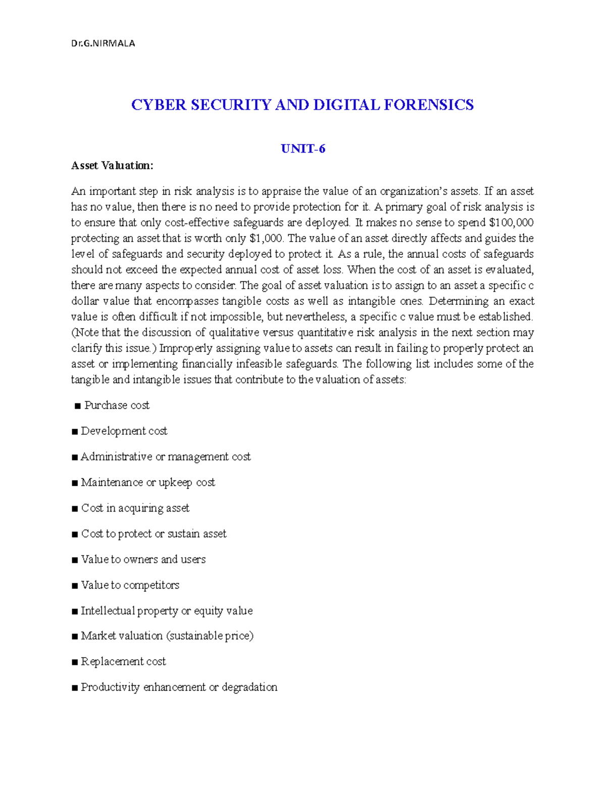 Chapter-6 - ES,BDA,AI,CSDF 4th year - CYBER SECURITY AND DIGITAL FORENSICS UNIT- Asset Valuation ...