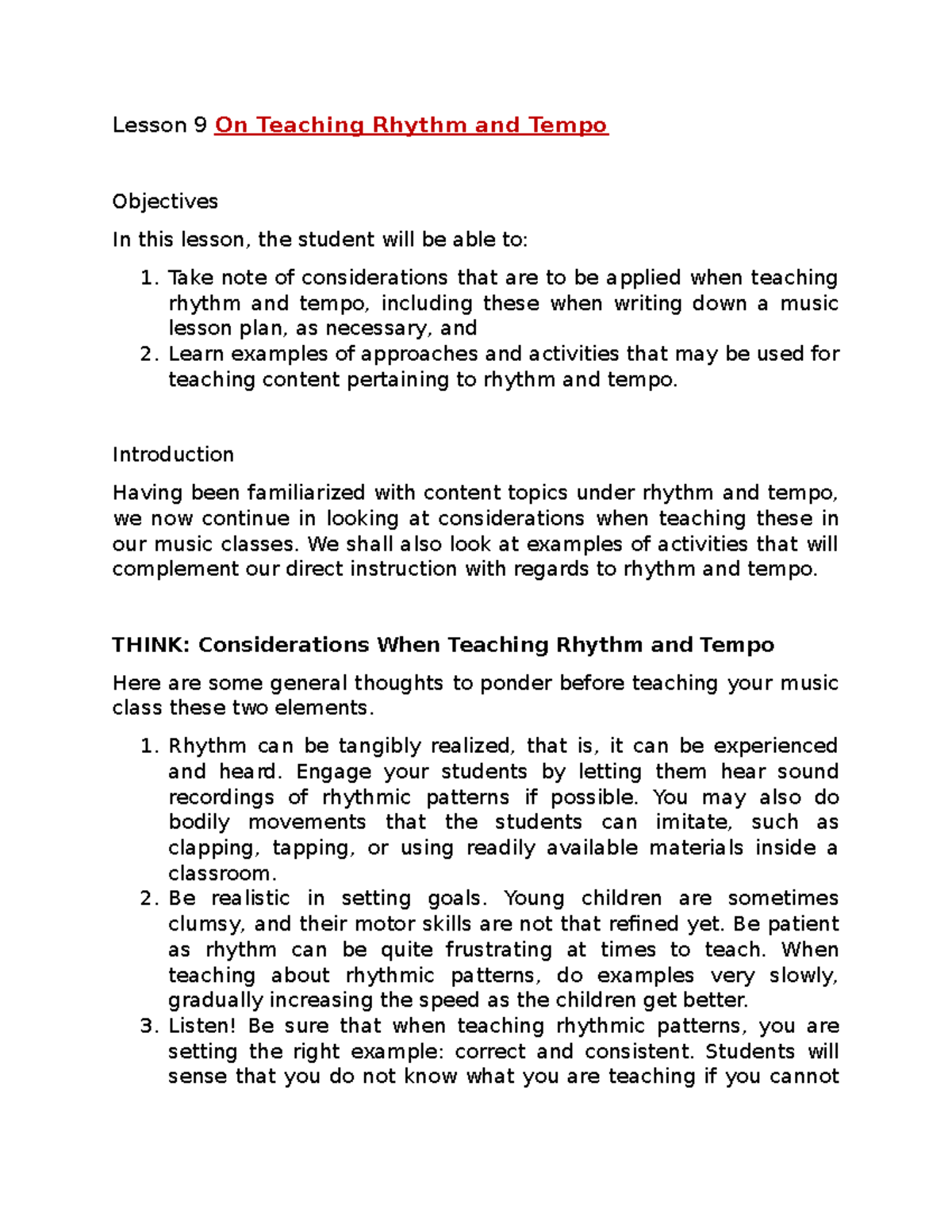 Lesson 9 On Teaching Rhythm and Tempo - Introduction Having been ...