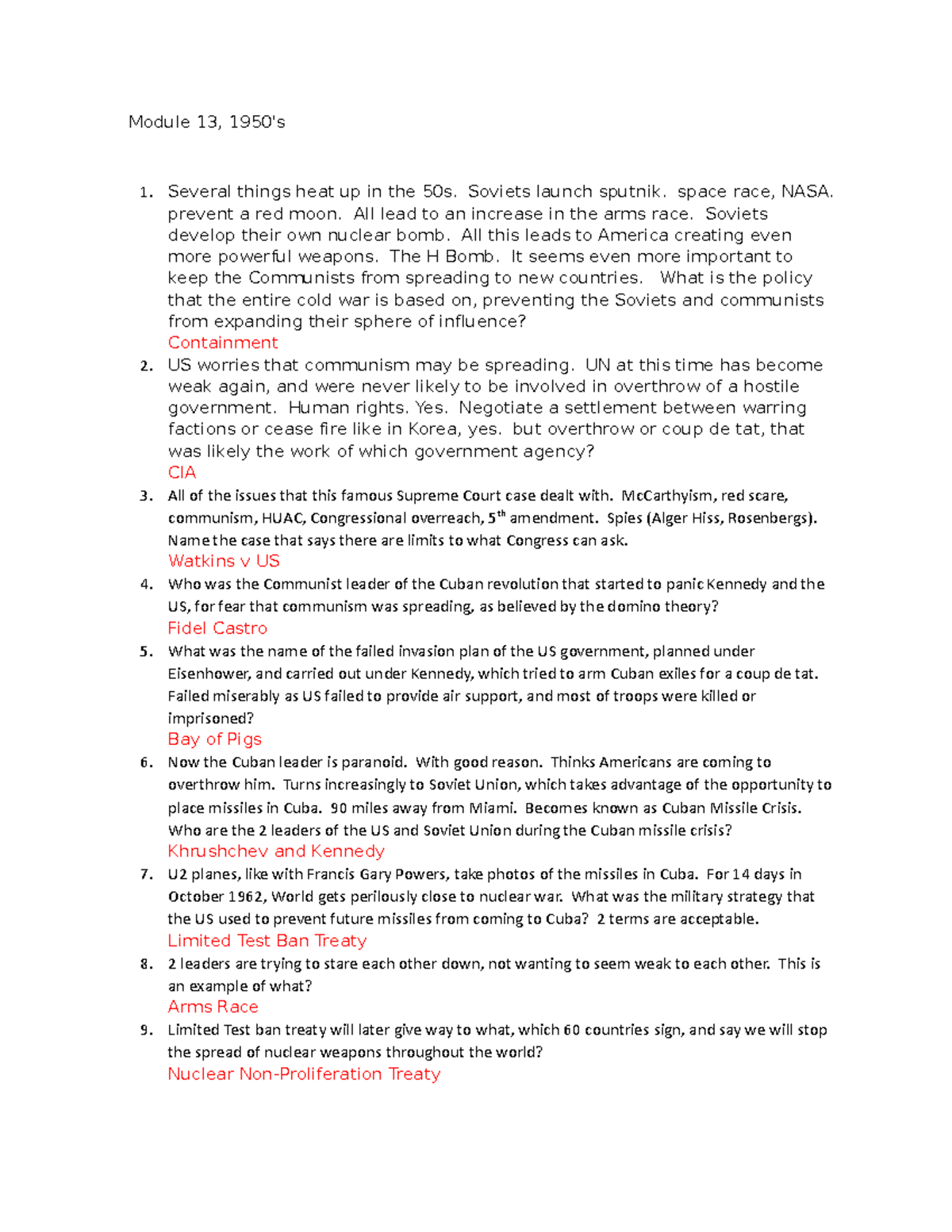 1950s Quiz Part 2 No Answers - Module 13, 1950's Several things heat up ...