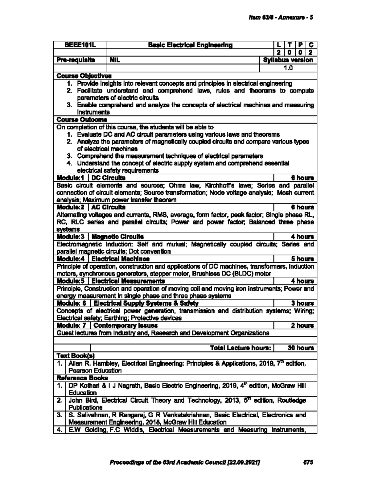 BEEE101L Basic- Electrical- Engineering TH 1.0 67 BEEE101L 63 ACP - Basic Electrical and ...