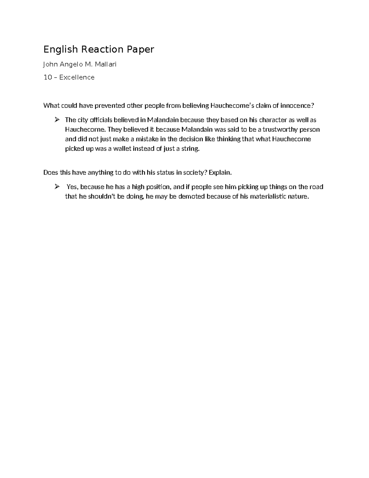 English Reaction Paper - English Reaction Paper John Angelo M. Mallari ...