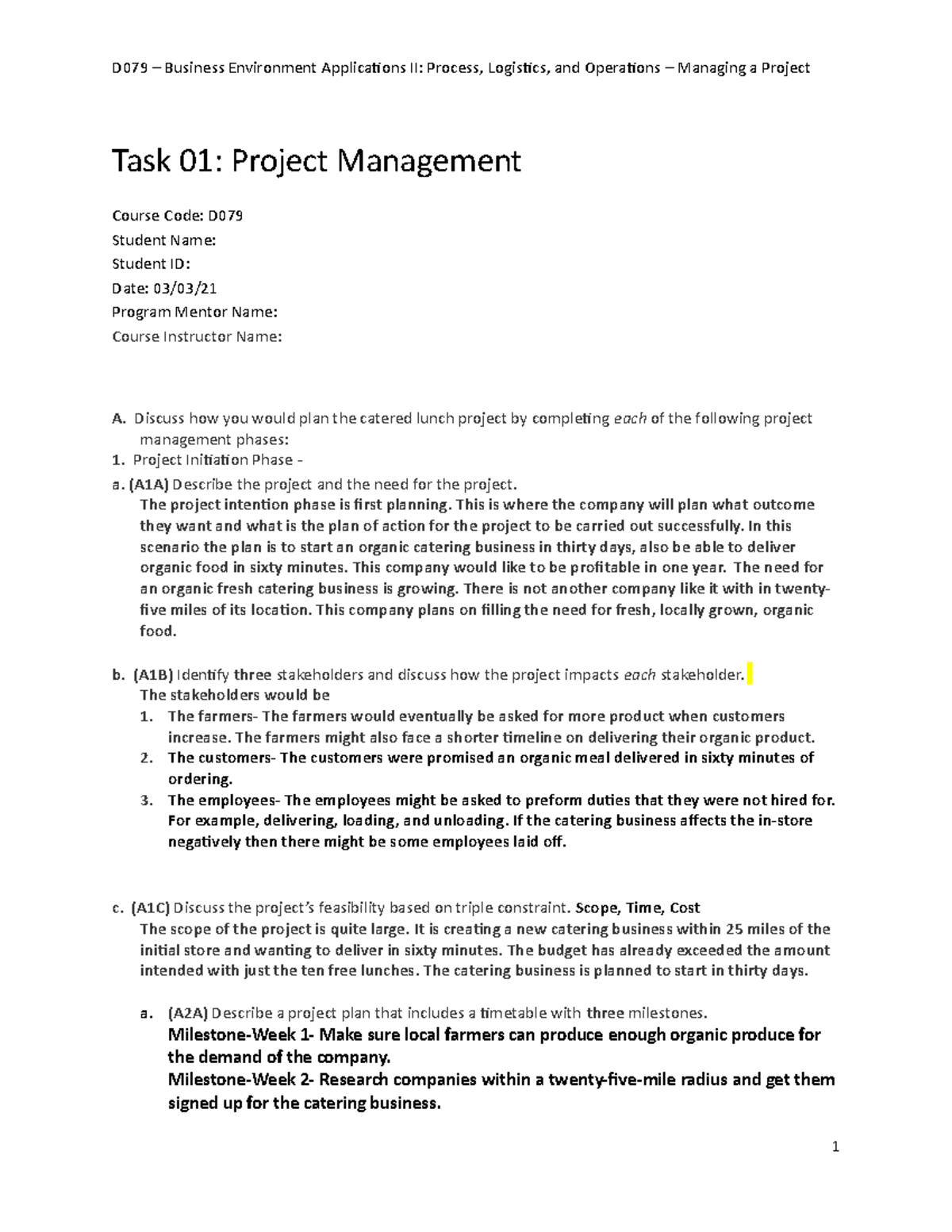 D079 task 1 - task 1 - D079 – Business Environment Applications II ...