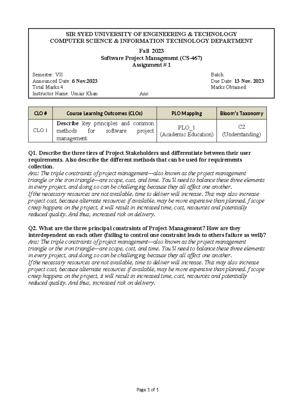 Assignment 1 - CS467 - SPM - CLO # Course Learning Outcomes (CLOs) PLO ...
