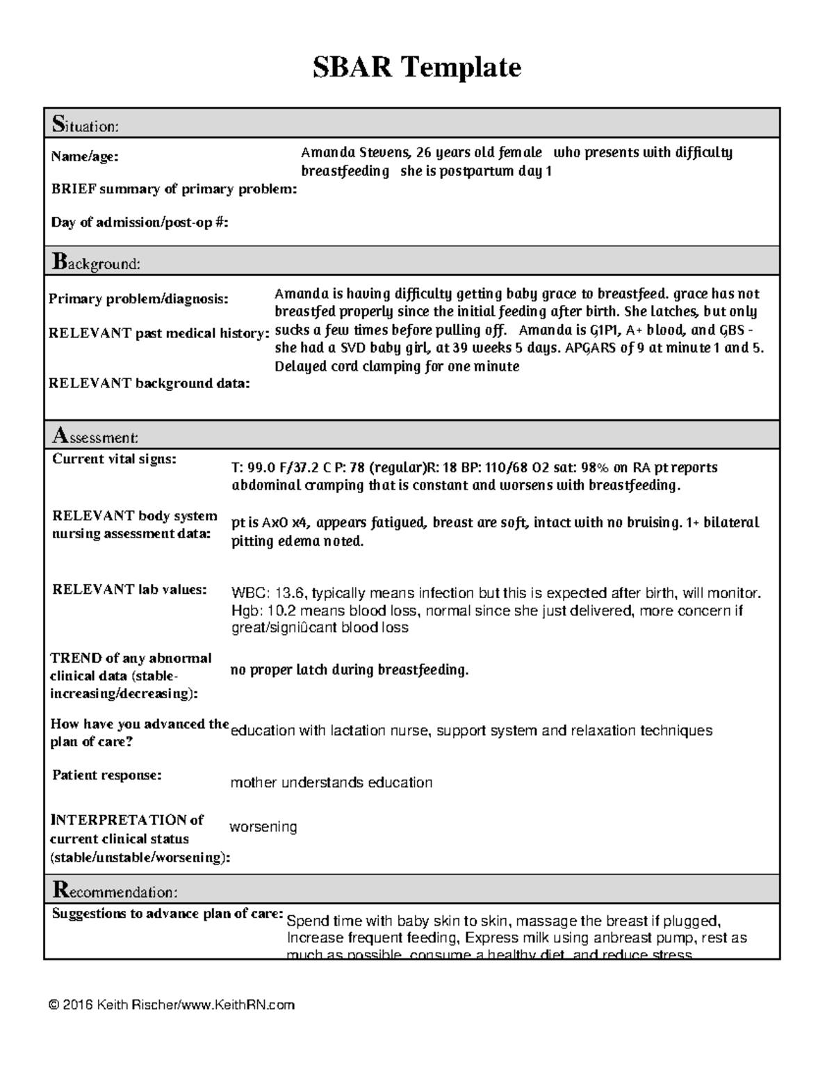 Amanda SBAR - clinicals - © 2016 Keith KeithRN SBAR Template Situation ...