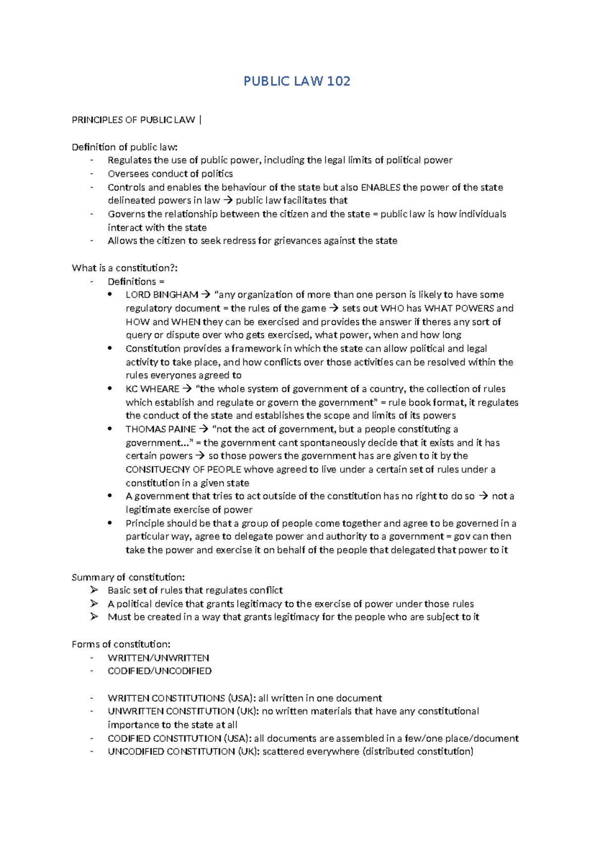 Public LAW Lecutre Notes - PUBLIC LAW 102 PRINCIPLES OF PUBLIC LAW ...