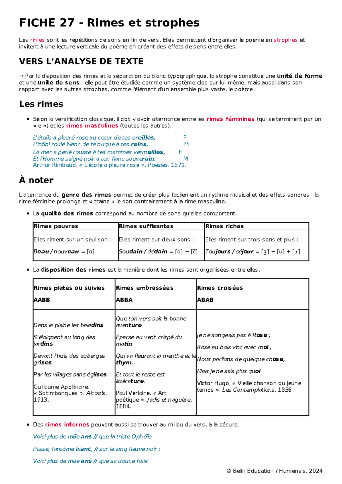 Fiche 27 - Rimes et strophes - FICHE 27 - Rimes et strophes Les rimes ...