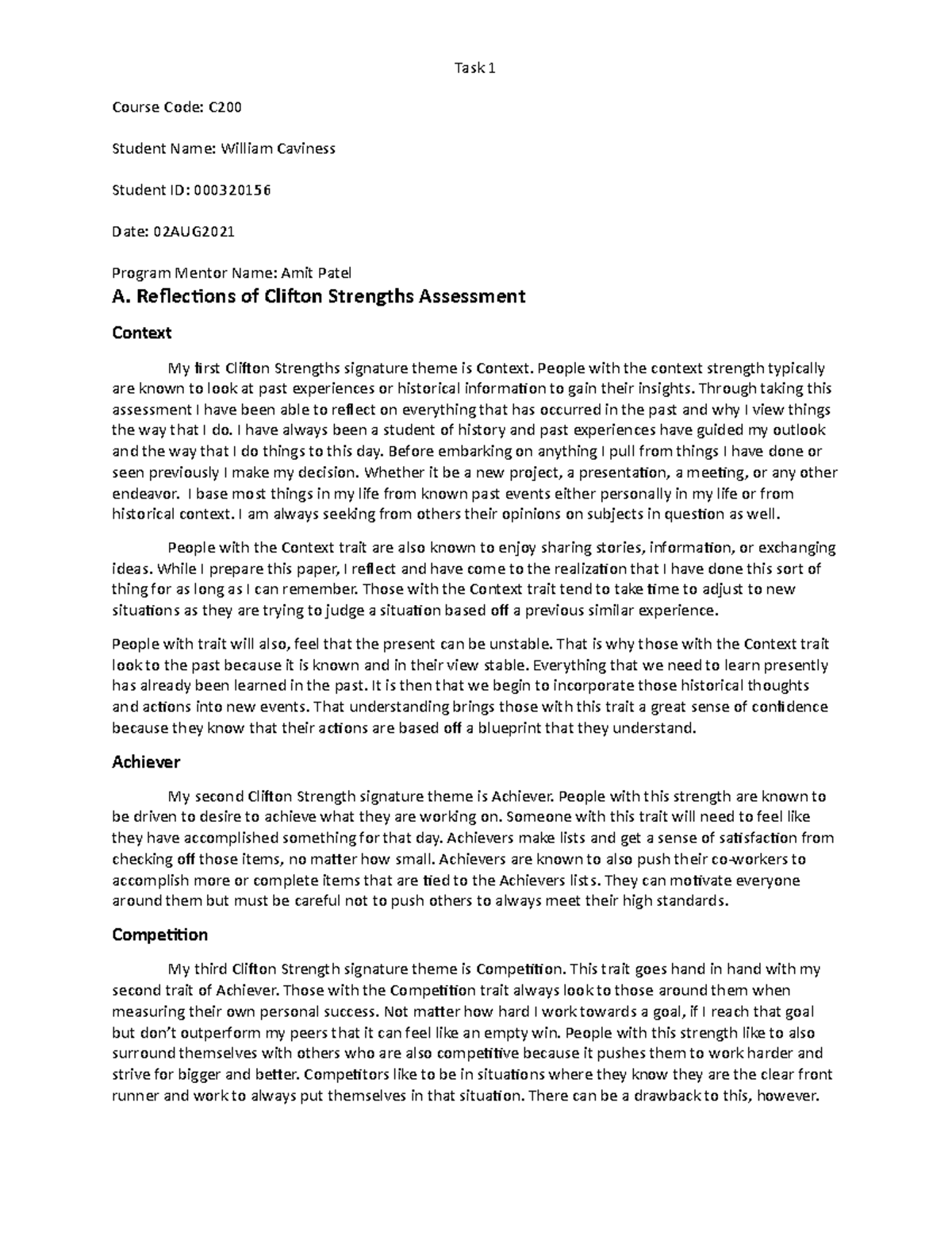 C200 Task 1 - Assignment - Course Code: C Student Name: William ...