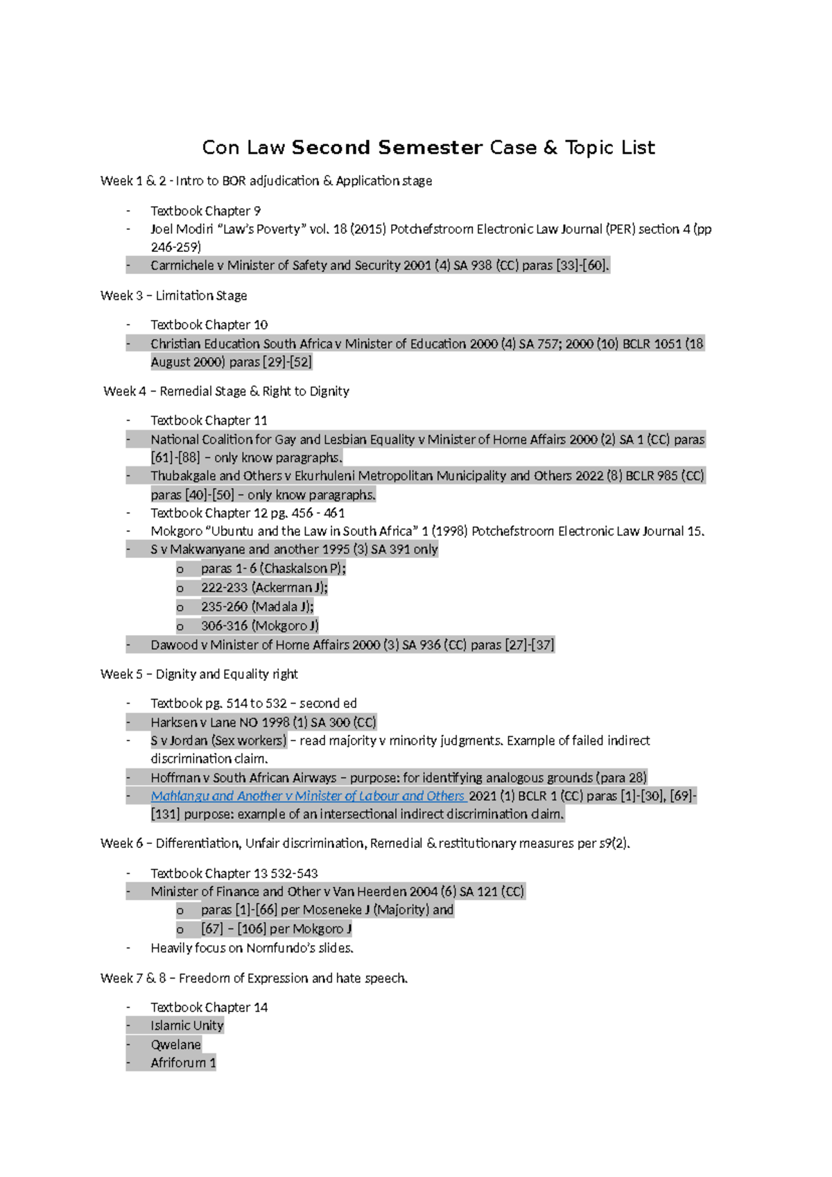 Con Law 2nd sem Case List - Con Law Second Semester Case & Topic List Week 1 & 2 - Intro to ...
