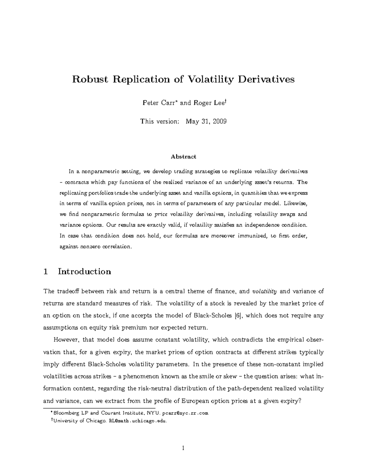 1-Robust Replication of Volatility Derivatives - The replicating ...