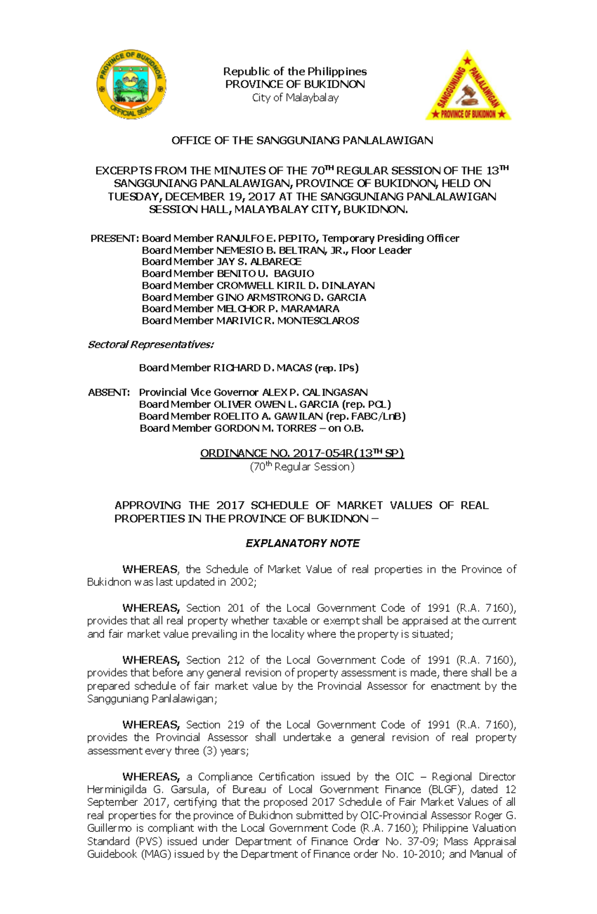 70th RS excerpts 2017 - Republic of the Philippines PROVINCE OF ...