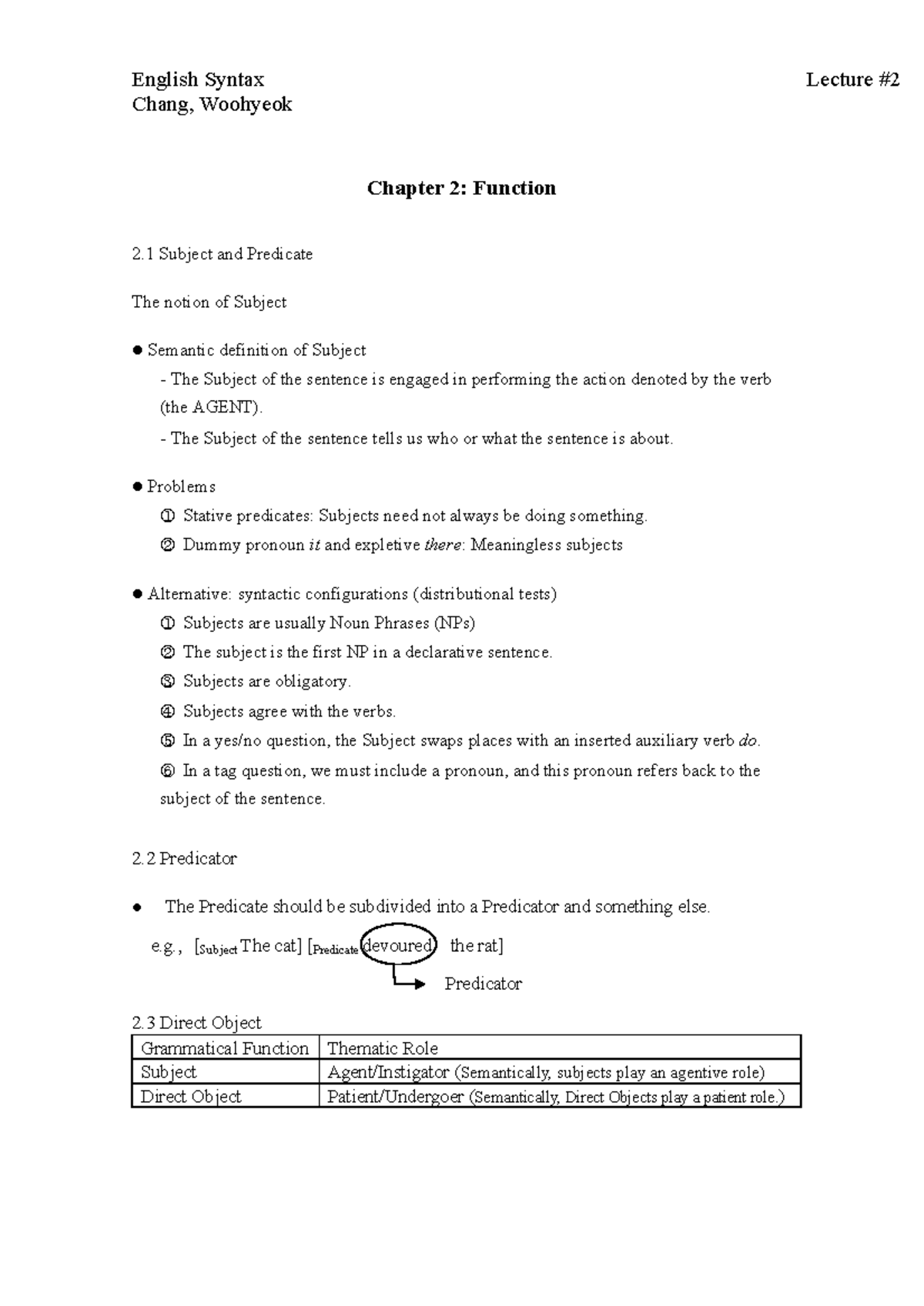 2 - English Syntax - English Syntax Lecture # 2 Chang, Woohyeok Chapter 2 : Function 2 ...