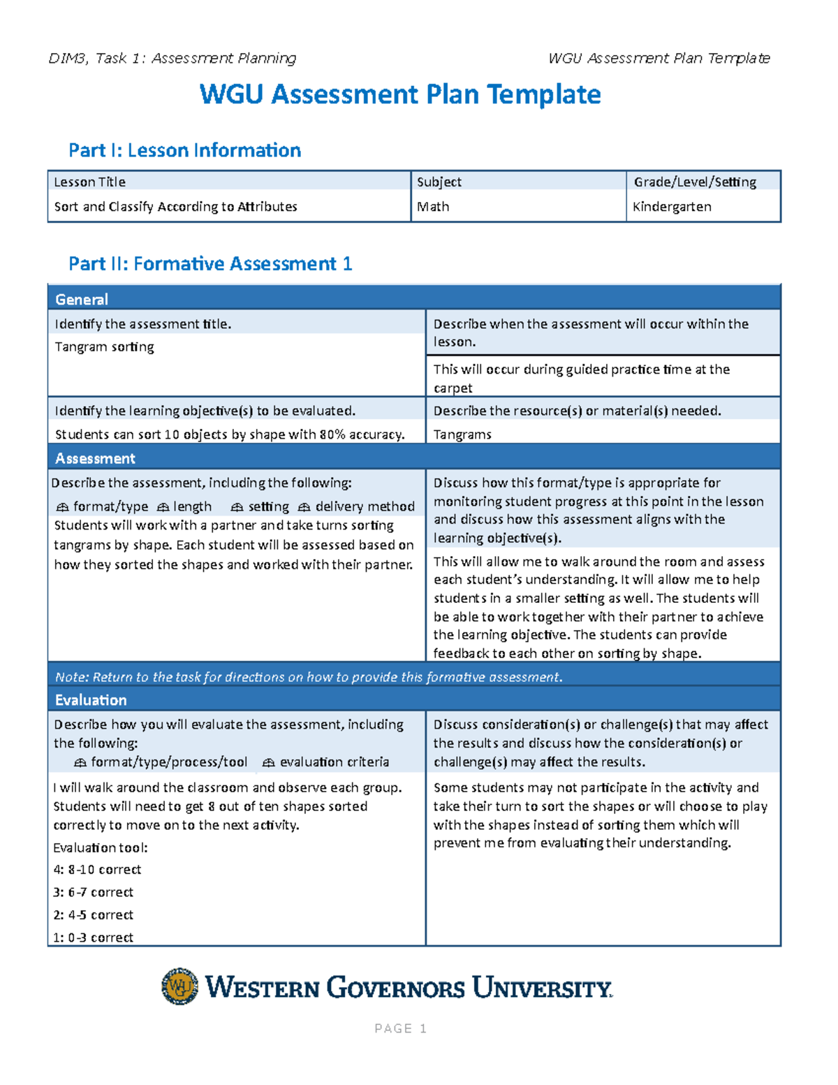 D093- Task 1- Assessment Plan - WGU Assessment Plan Template Part I ...