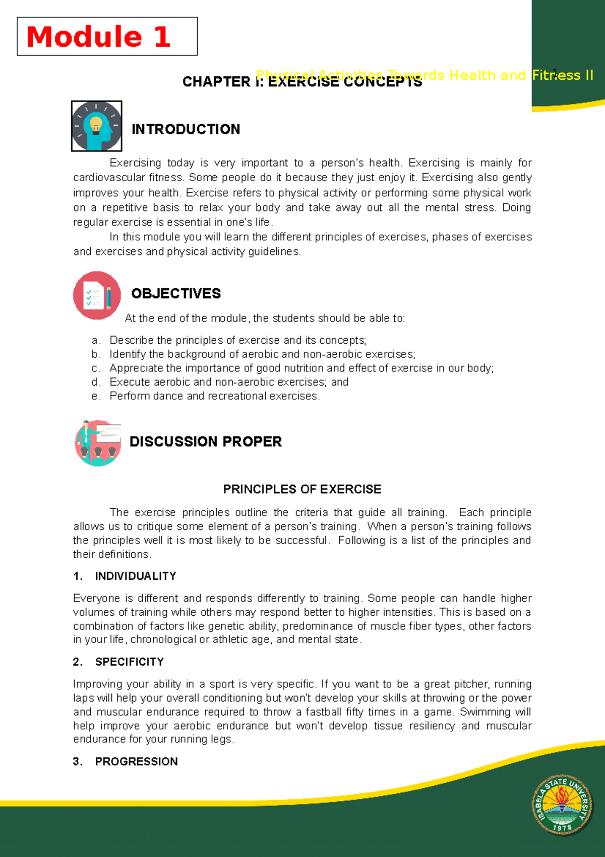 PE 2 Module 1 - Yes dadl - CHAPTER I: EXERCISE CONCEPTS INTRODUCTION Exercising today is very ...