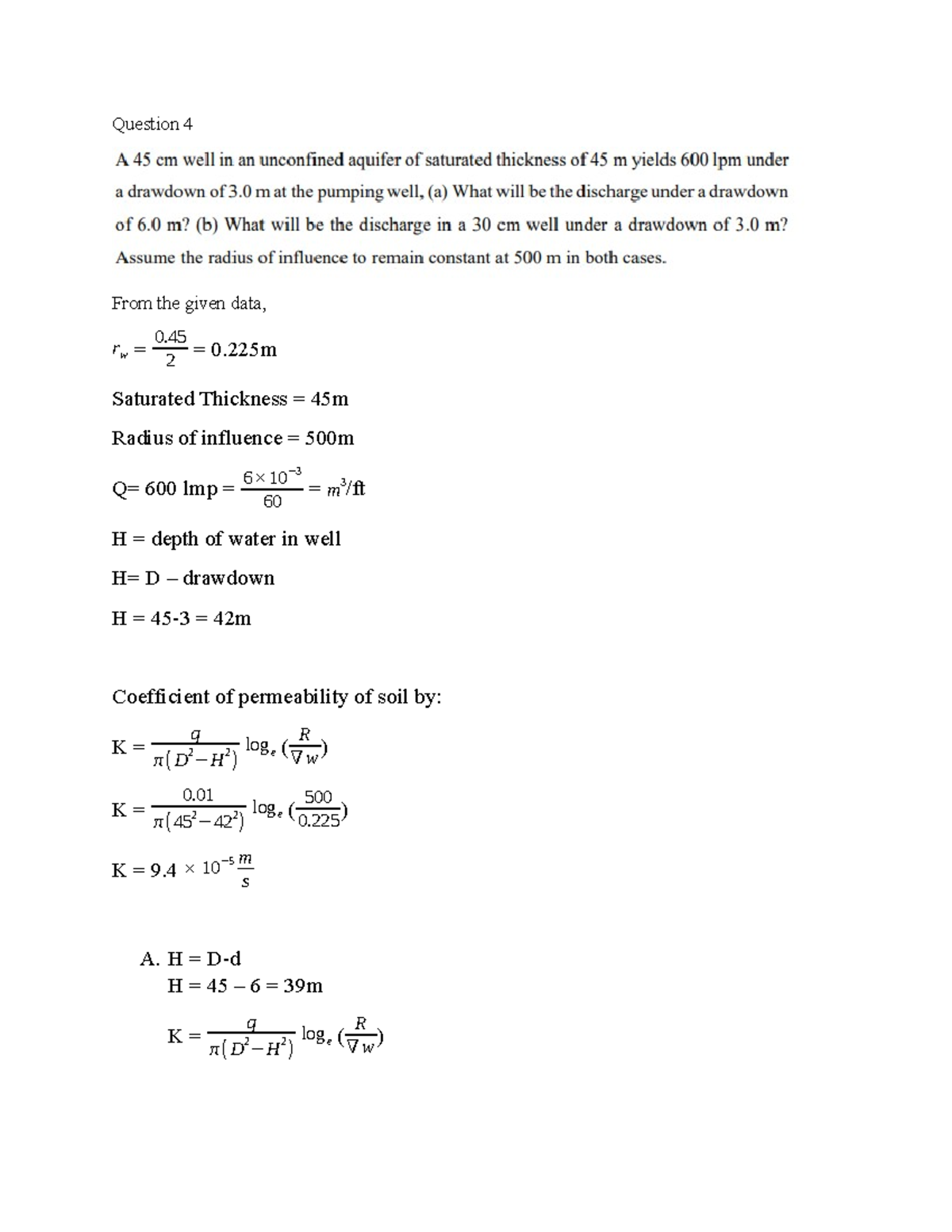 Question 4 - Question 4 From the given data, rw = 0. 2 = 0 Saturated ...